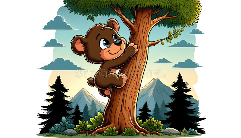 A Cute Cartoon Bear is Climbing a Tree in a Forest Setting. the Scene ...