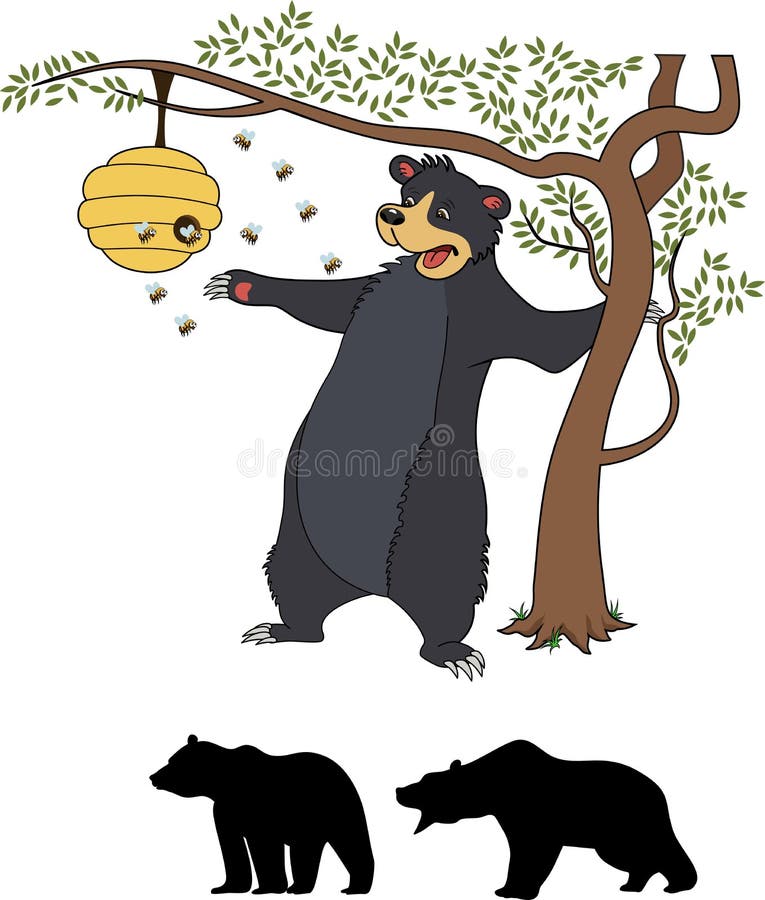 Cute Cartoon Bear Cub with Honey and Bees. Stock Vector - Illustration ...