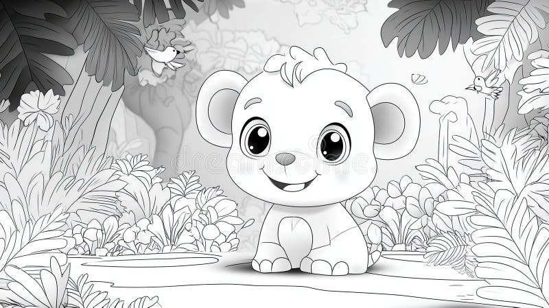 Cute Cartoon Bear Cub in a Jungle Scene Stock Photo - Image of cartoon ...