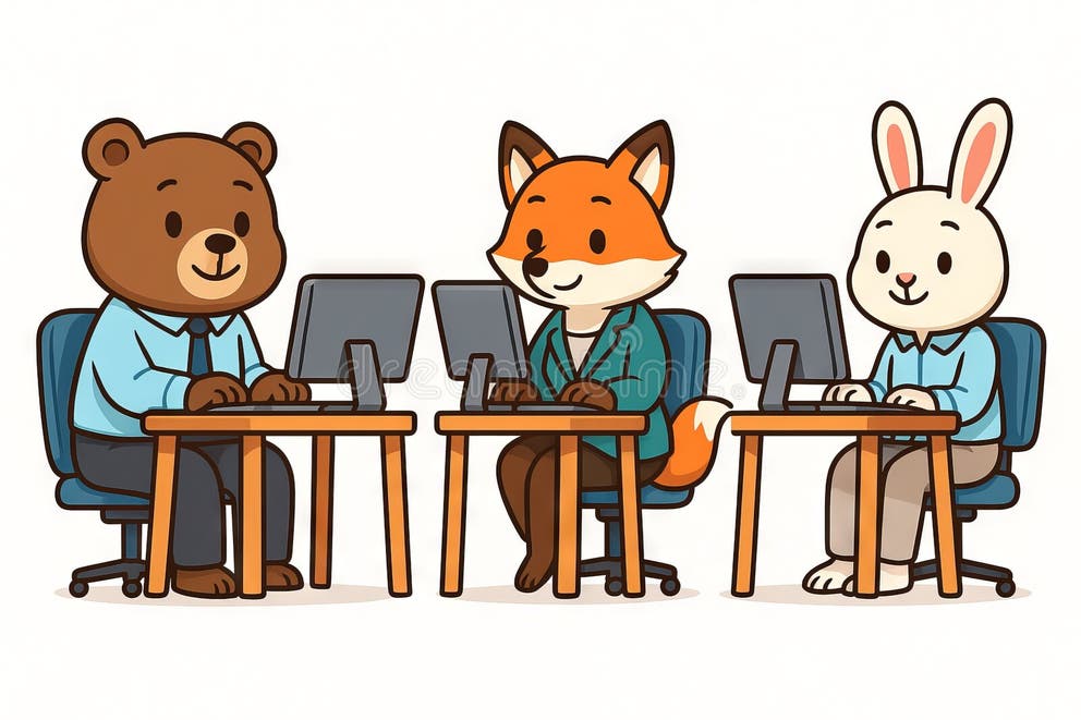 Cute Cartoon Bear, Fox, and Rabbit in Office Setting Using Laptops ...