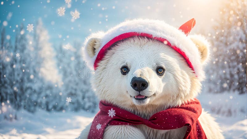 Cute Cartoon Bear in a Hat on the Snow Holiday Stock Illustration ...