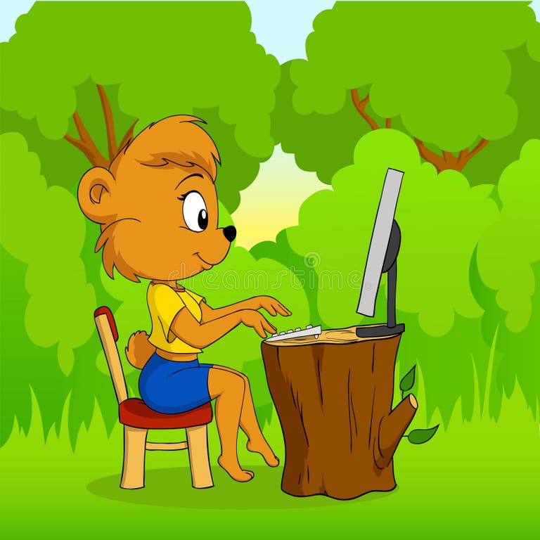 Cute Cartoon Bear Typing on Computer in Forest Stock Vector ...