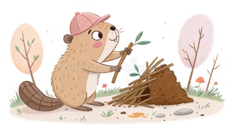 Cute Cartoon Beaver Building a Lodge in Nature Stock Illustration ...