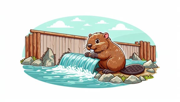 Cute Cartoon Beaver by a Waterfall Stock Illustration - Illustration of ...