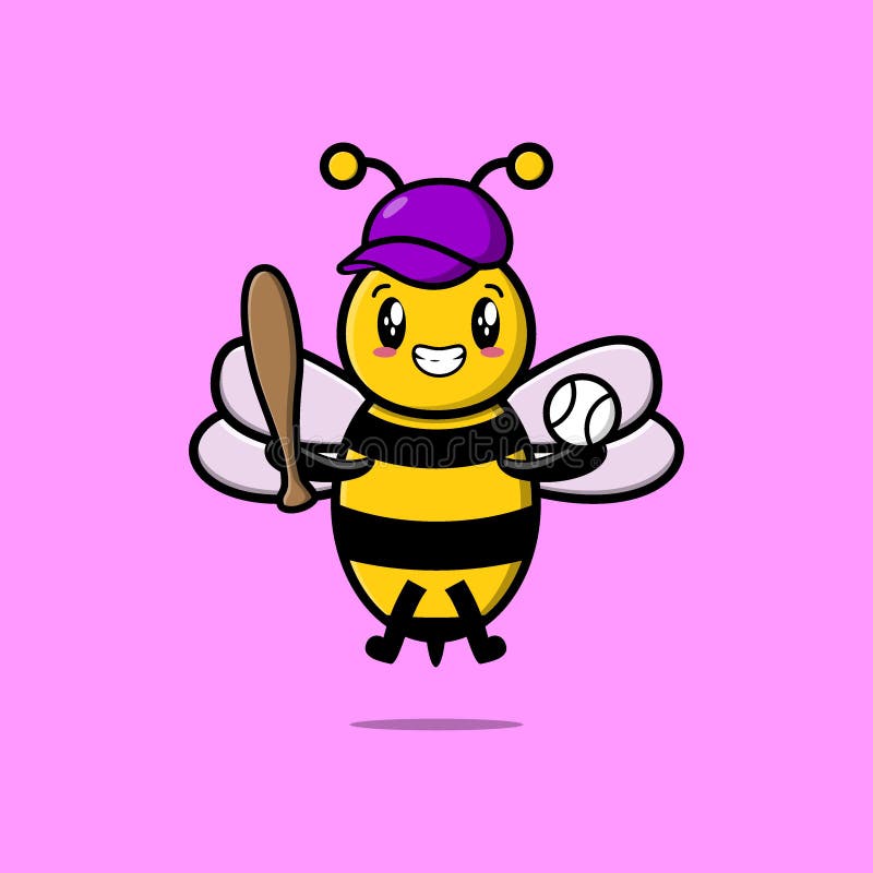 Cute Cartoon Bee Character Playing Baseball Stock Vector - Illustration ...