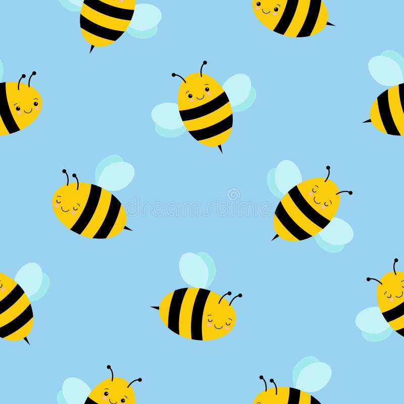 Cute Cartoon Bee Seamless Pattern on Blue Background. Kawaii Style ...
