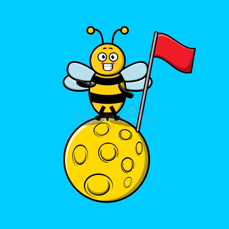 Cute Cartoon Bee Standing on the Moon with Flag Stock Vector ...