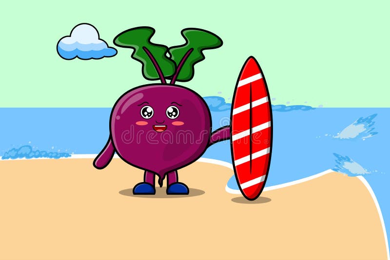 Cute Cartoon Beetroot Character Playing Surfing Stock Vector ...