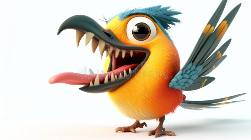 Cute Cartoon Bird with Sharp Teeth and Exaggerated Features Stock Photo ...