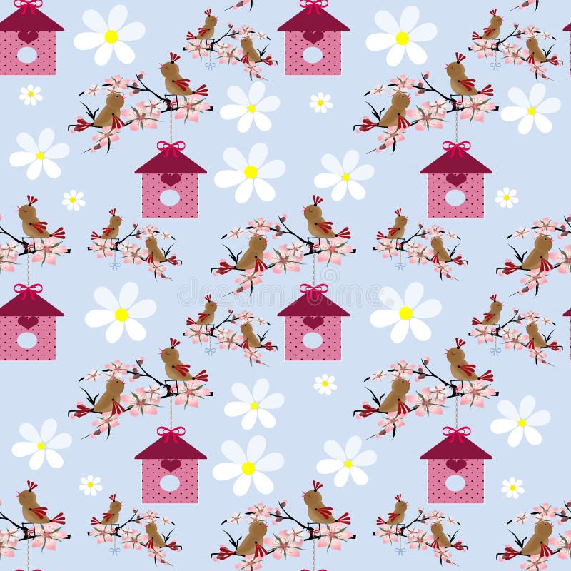 Cute Cartoon Birds and Birdhouse Seamless Pattern Stock Illustration ...