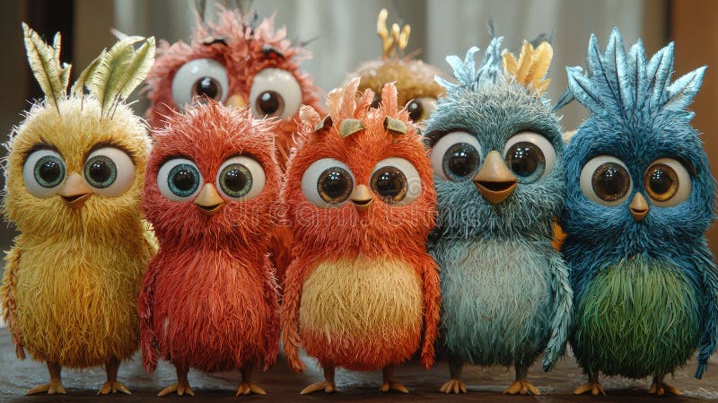 Cute Cartoon Birds in a Group a Yellow Three Red and Three Blue Stock ...