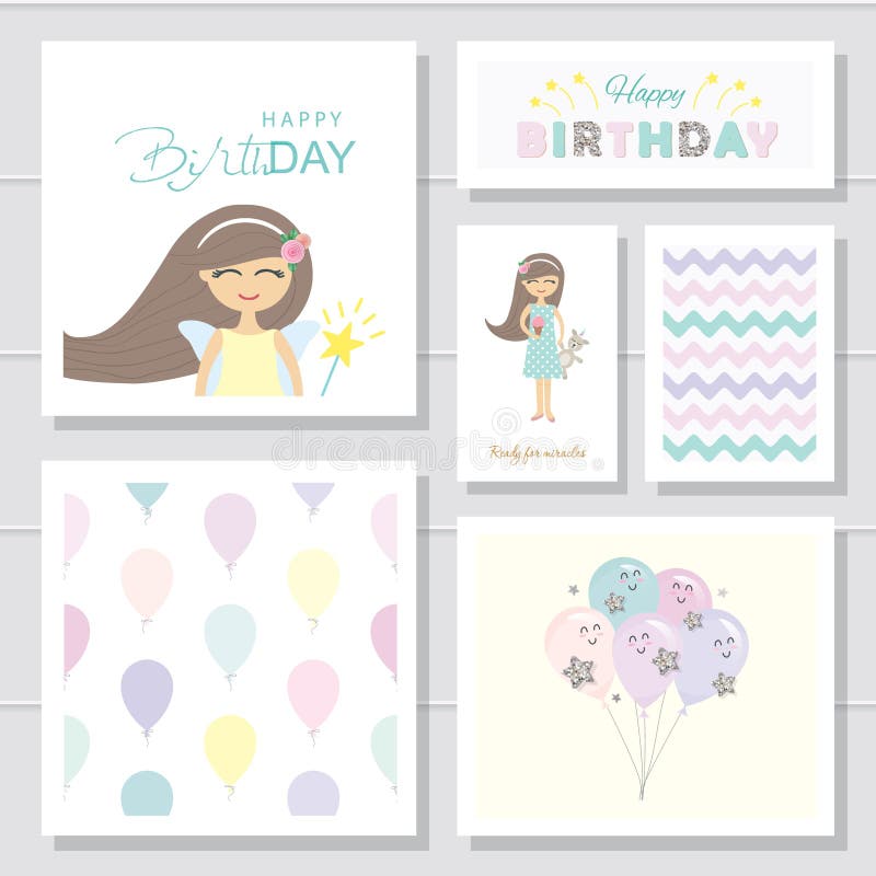Cute Cartoon Birthday Cards and Templates Set. Stock Vector ...