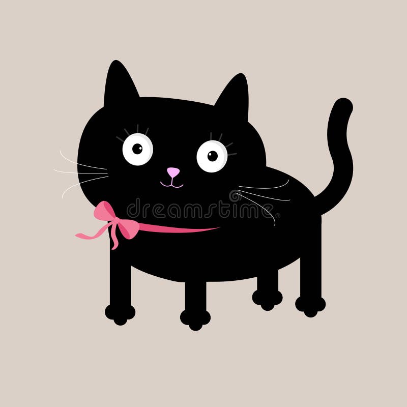 Cute Cartoon Black Cat With Pink Bow At The Neck. Stock Vector ...