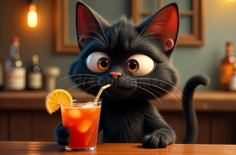 Cute Cartoon Black Cat Sitting and Drinking a Cocktail through a Straw ...