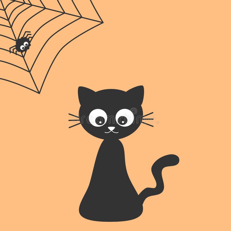 Cute Cartoon Black Cat and Spider Halloween Vector Illustration Stock ...