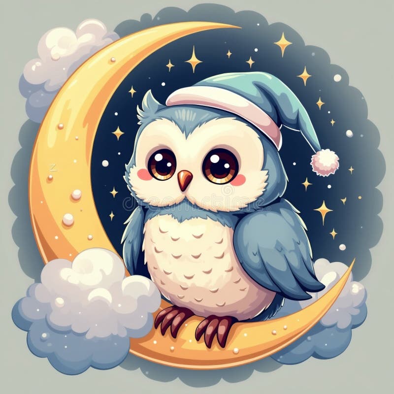 A Cute, Cartoon Blue Owl in the Night Stock Illustration - Illustration ...