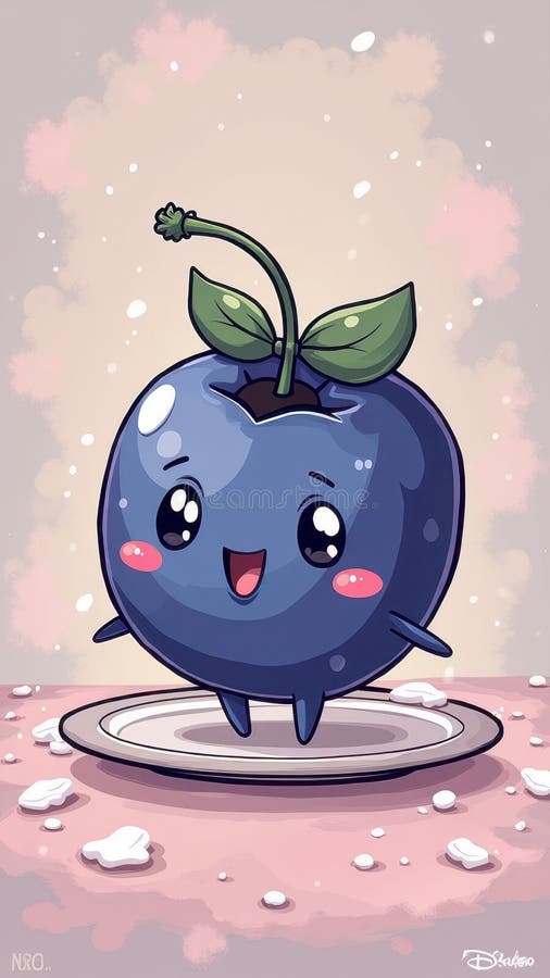Cute Cartoon Blueberry Character with Smile and Leaves on Plate Stock ...