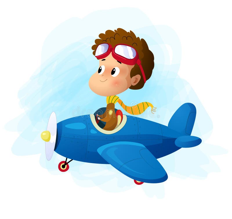Baby Cute Cartoon Blue Airplane Character With Propeller Flying Stock ...