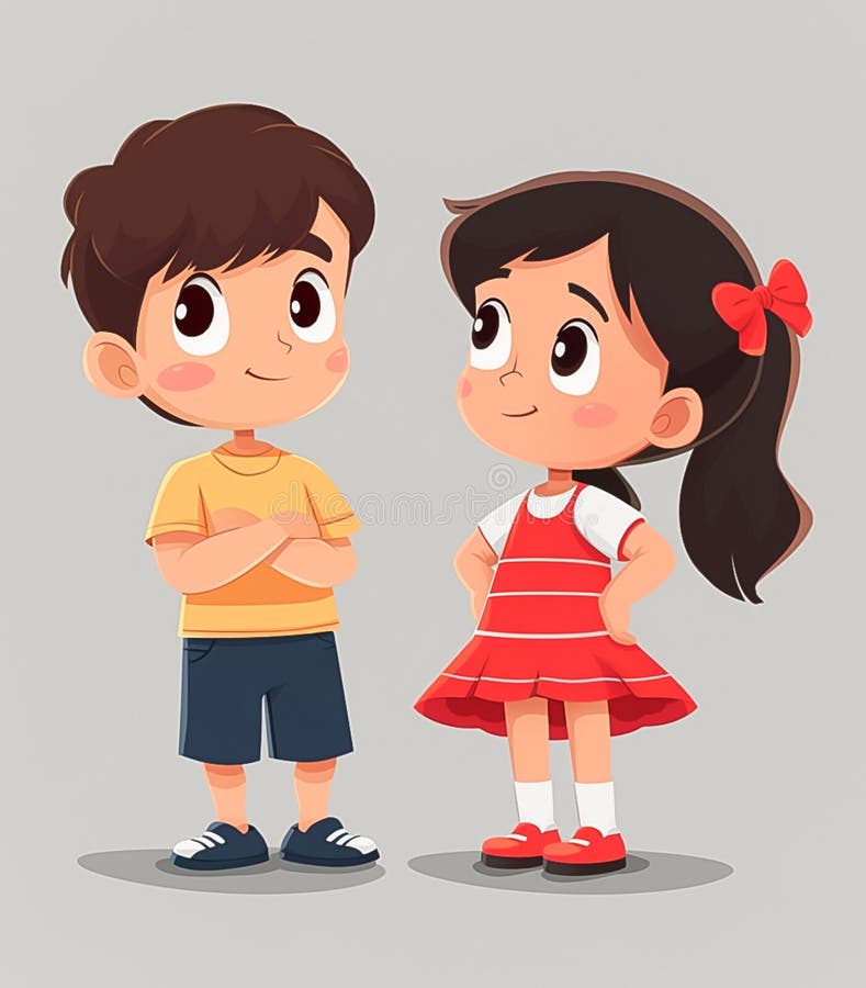 Cute Cartoon Boy and Girl Standing Side by Side Stock Illustration ...