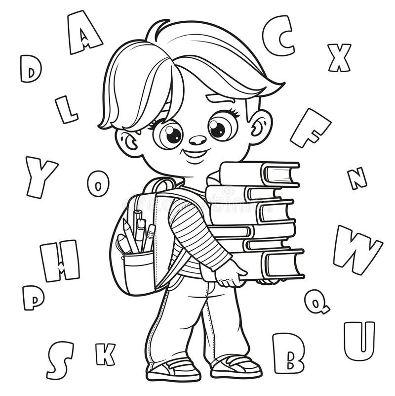 Cute Cartoon Boy Holding Large Stack of Books Outlined for Coloring ...