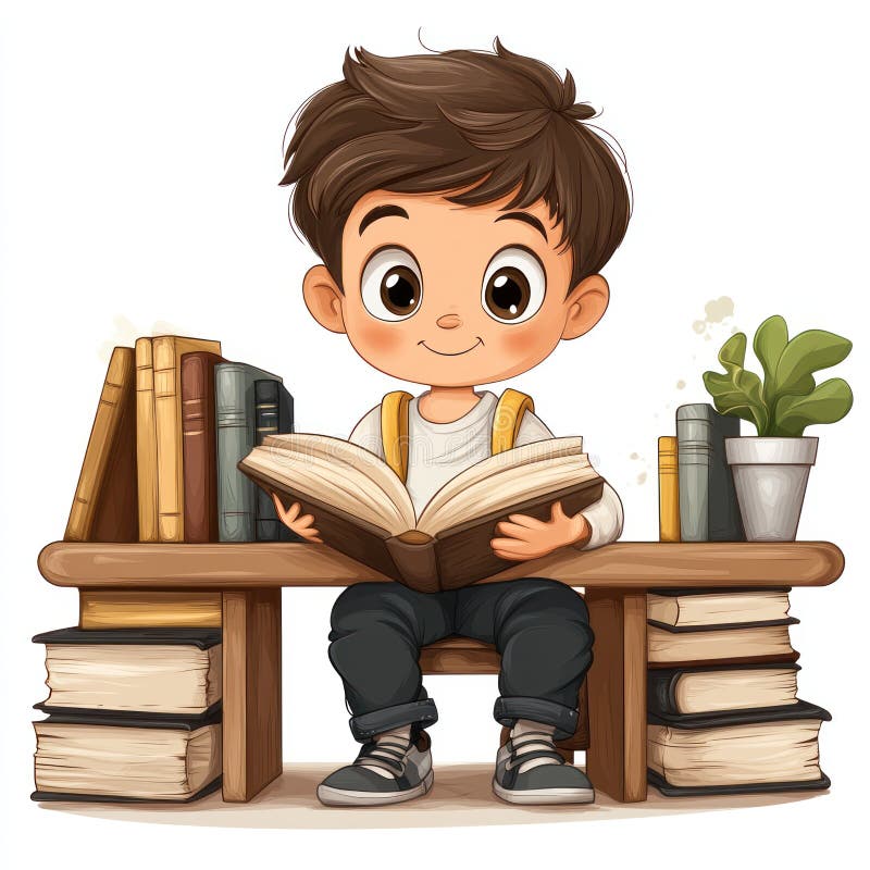 Cute Cartoon Illustration of Two Kids Reading a Book Together Stock ...