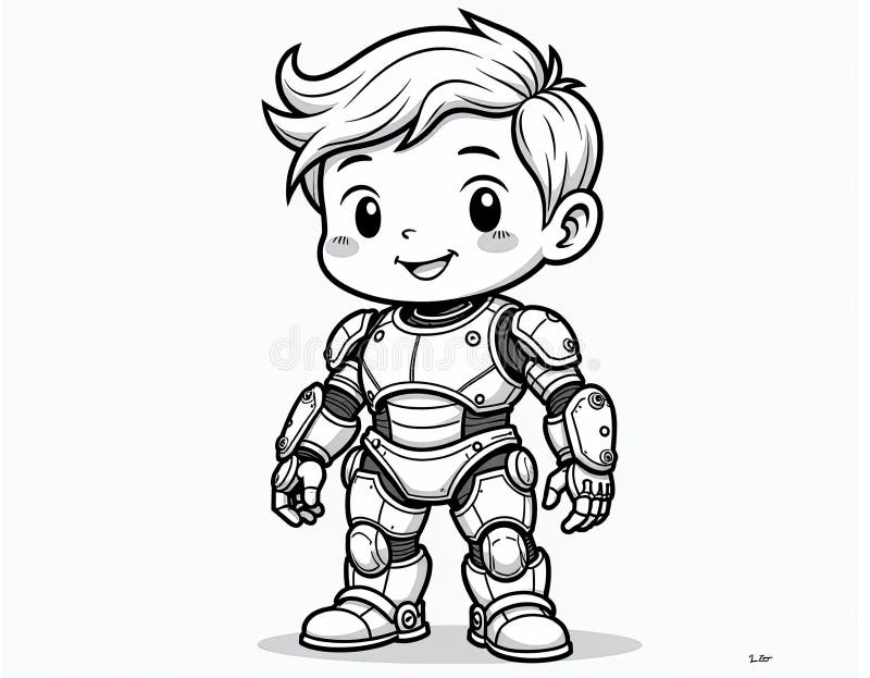 Cute Cartoon Boy in Robot Armor - Black and White Illustration Stock ...