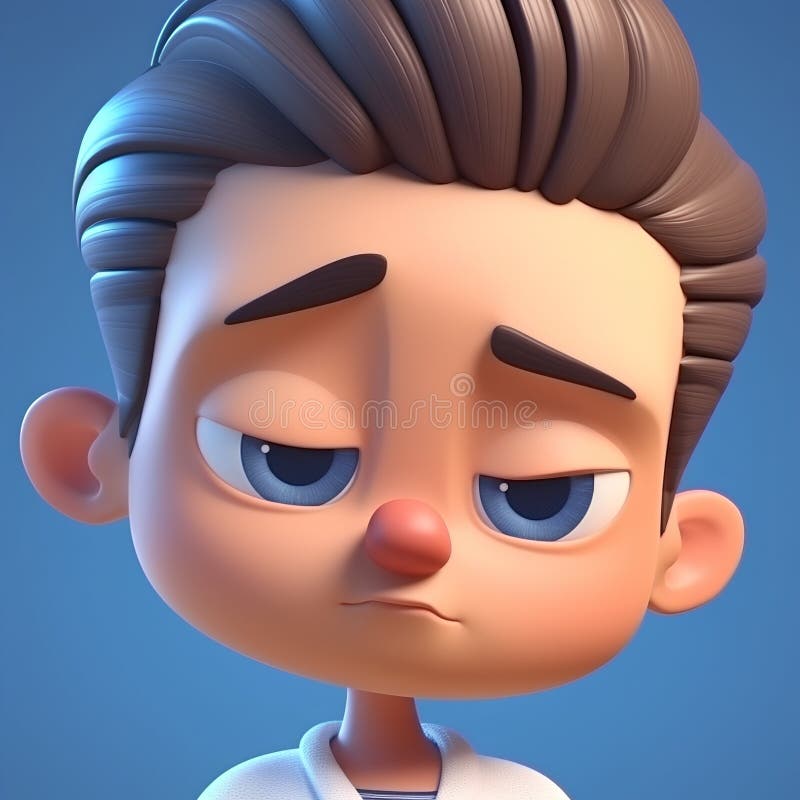 Cute Cartoon Boy with Sad Expression on Blue Background. 3D Rendering ...