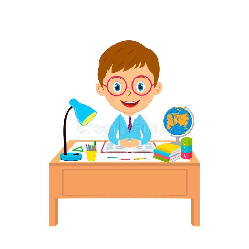 Cute Cartoon Boy Stady at the Table Stock Vector - Illustration of icon ...