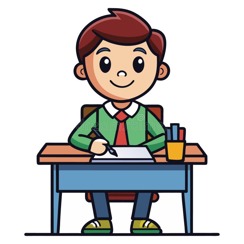 Cute Cartoon Boy Studying at a Desk, Focused on His Work Stock Vector ...