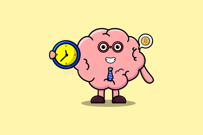 Cute Cartoon Brain Character Holding Clock Stock Vector - Illustration ...