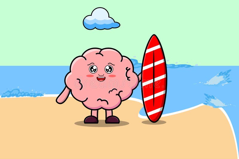Cute Cartoon Brain Character Playing Surfing Stock Vector ...