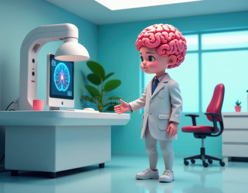 Cute Cartoon Brain Doctor Examining Brain Scan Stock Illustration ...