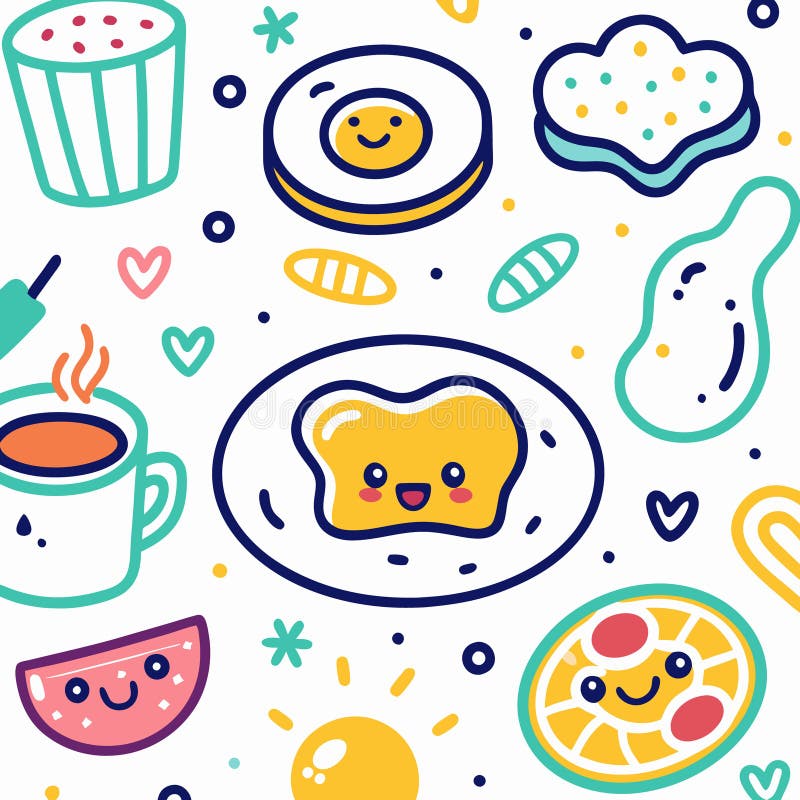 Cute Cartoon Breakfast Food Pattern Stock Vector - Illustration of ...