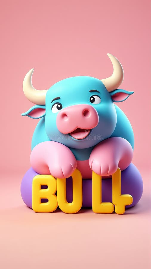 Cute Cartoon Bull with Colorful Blocks on Pink Background Stock Photo ...