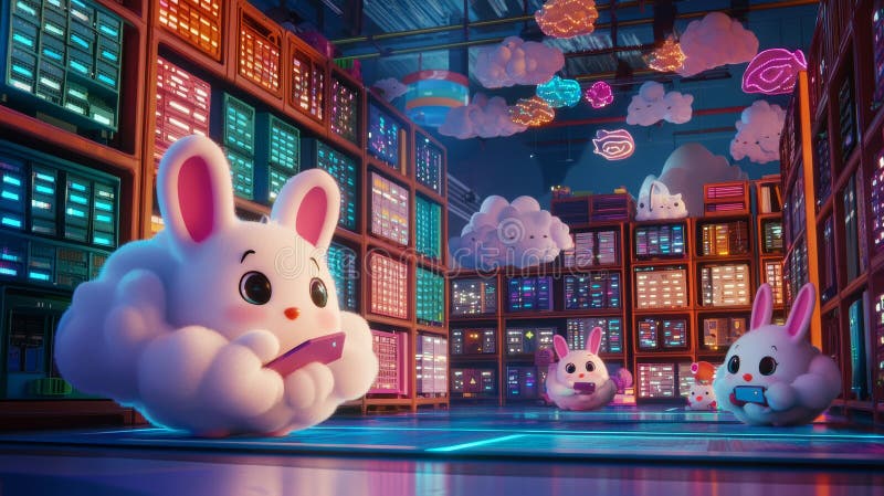 Cute Cartoon Bunnies in a Futuristic Server Room with Cloud Computing ...