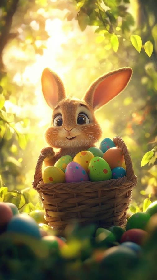 Cute Cartoon Bunny with Basket of Colorful Easter Eggs in Sunlit Forest ...
