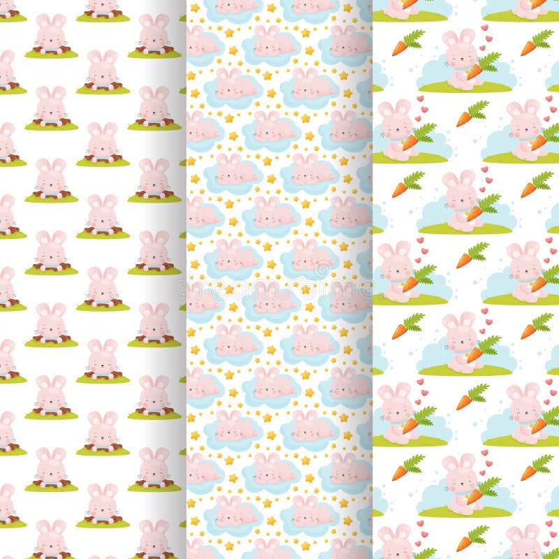 Cute Cartoon Bunny Character Seamless Patterns Set. Vector Stock Vector ...