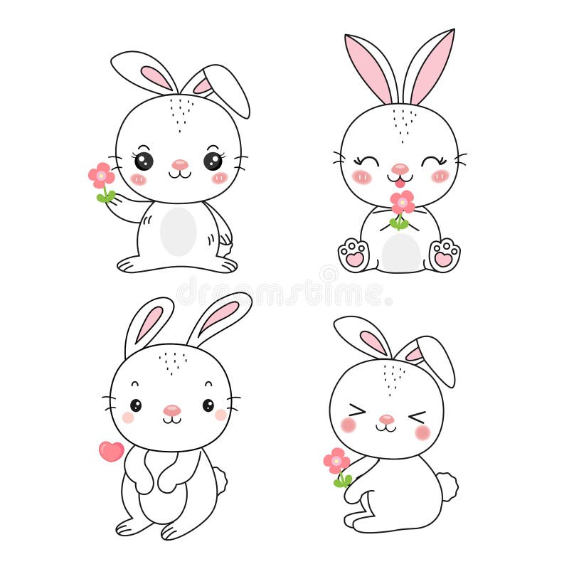 Cute Cartoon Bunny with Flower in Different Poses Stock Vector ...