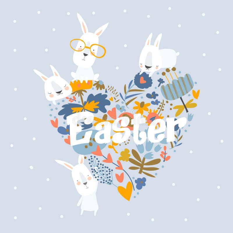 Cute Cartoon Bunny with Flowers. Happy Easter Stock Vector ...