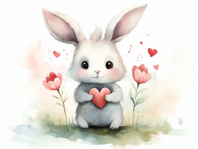 Cute Cartoon Bunny With A Heart And Flowers Watercolor Illustration