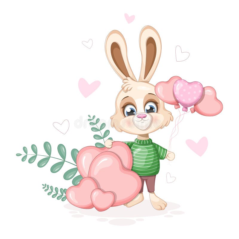 Cute Cartoon Bunny with Hearts and Balloons Stock Illustration ...