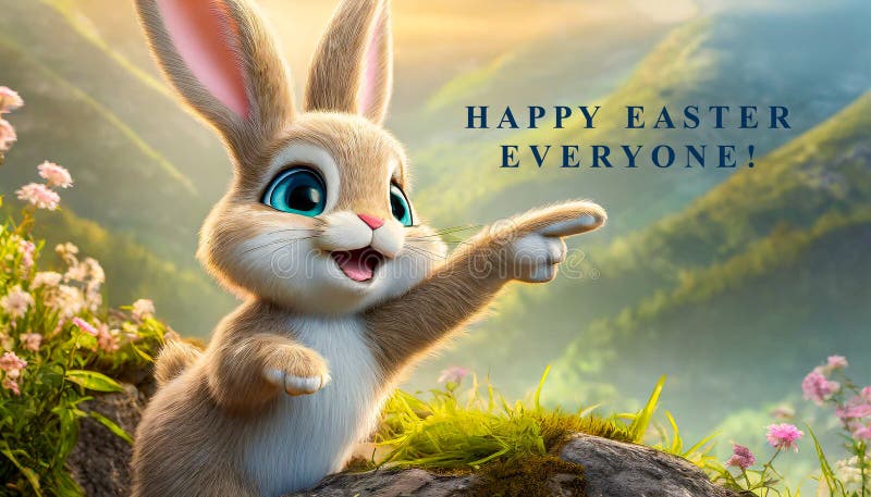 Cute Cartoon Bunny Points at Text "Happy Easter Everyone!" Stock ...