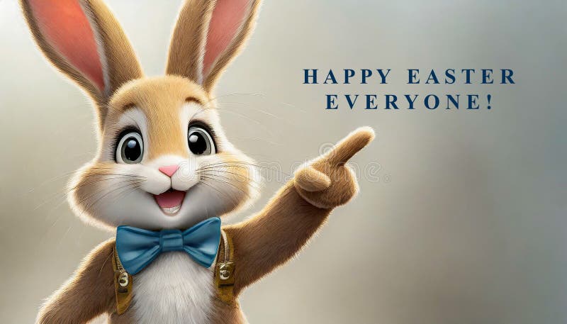 Cute Cartoon Bunny Points at Text "Happy Easter Everyone!" Stock ...