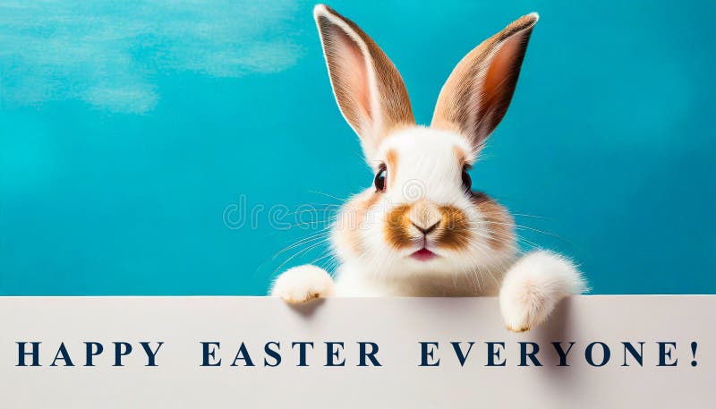 Cute Cartoon Bunny Points at Text "Happy Easter Everyone!" Stock ...