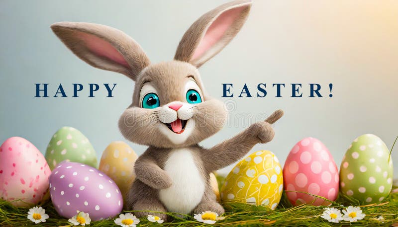 Cute Cartoon Bunny Points at Text "Happy Easter Everyone!" Stock ...