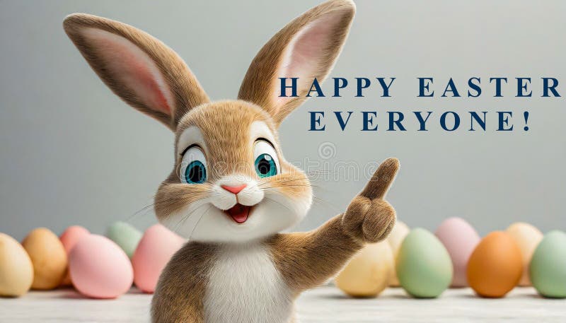 Cute Cartoon Bunny Points at Text "Happy Easter Everyone!" Stock ...