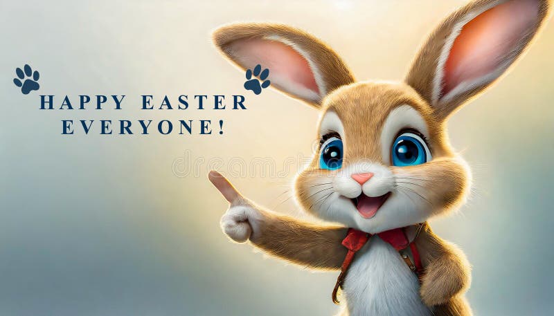 Cute Cartoon Bunny Points at Text "Happy Easter Everyone!" Stock ...