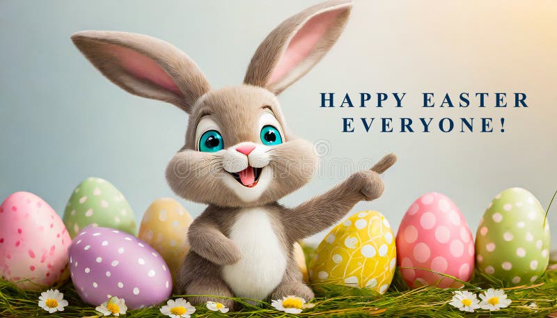 Cute Cartoon Bunny Points at Text "Happy Easter Everyone!" Stock ...