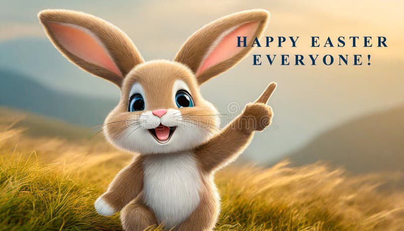 Cute Cartoon Bunny Points at Text "Happy Easter Everyone!" Stock ...