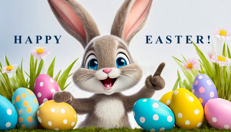 Cute Cartoon Bunny Points at Text "Happy Easter Everyone!" Stock ...